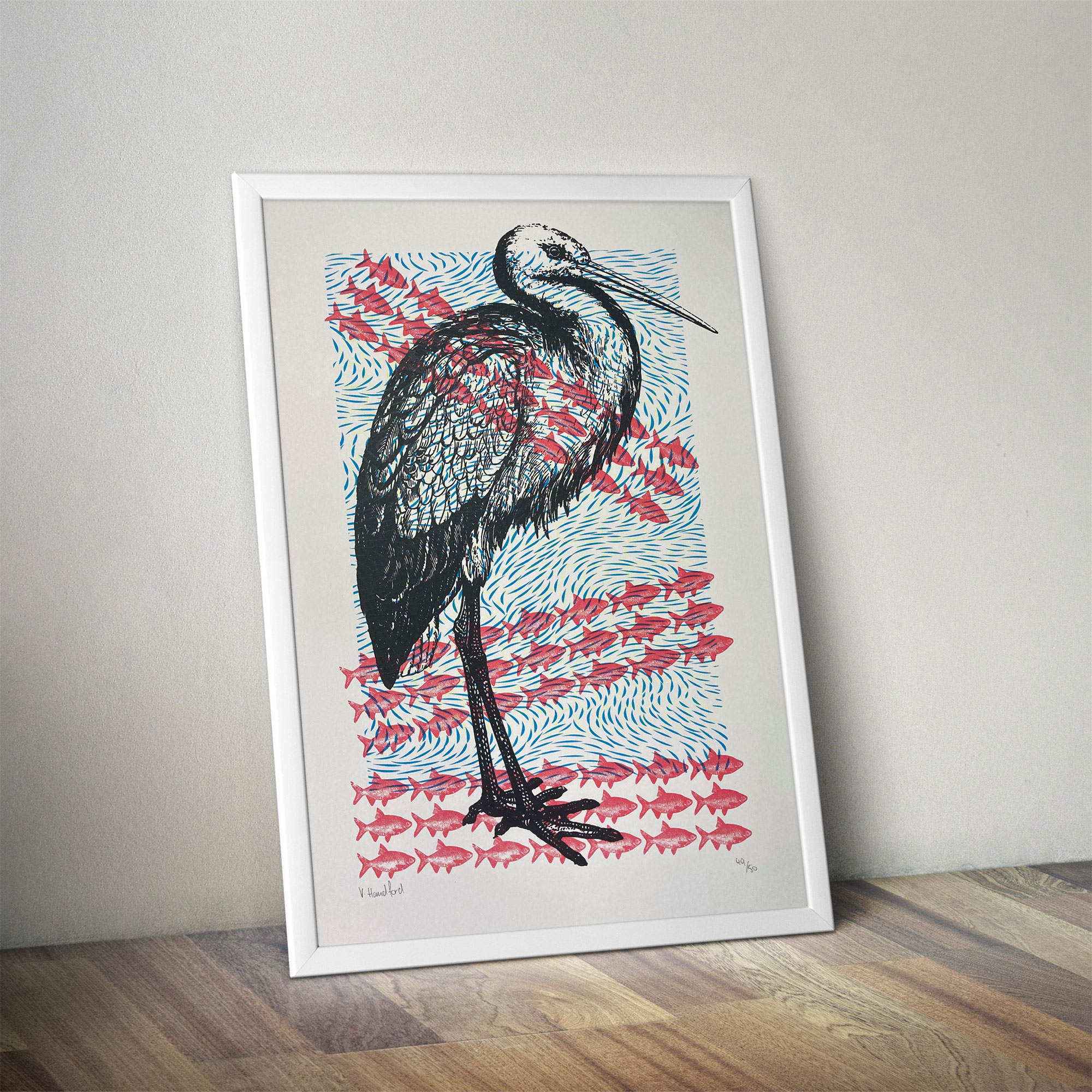 Screen Printed Poster - Stork By The River — Memori